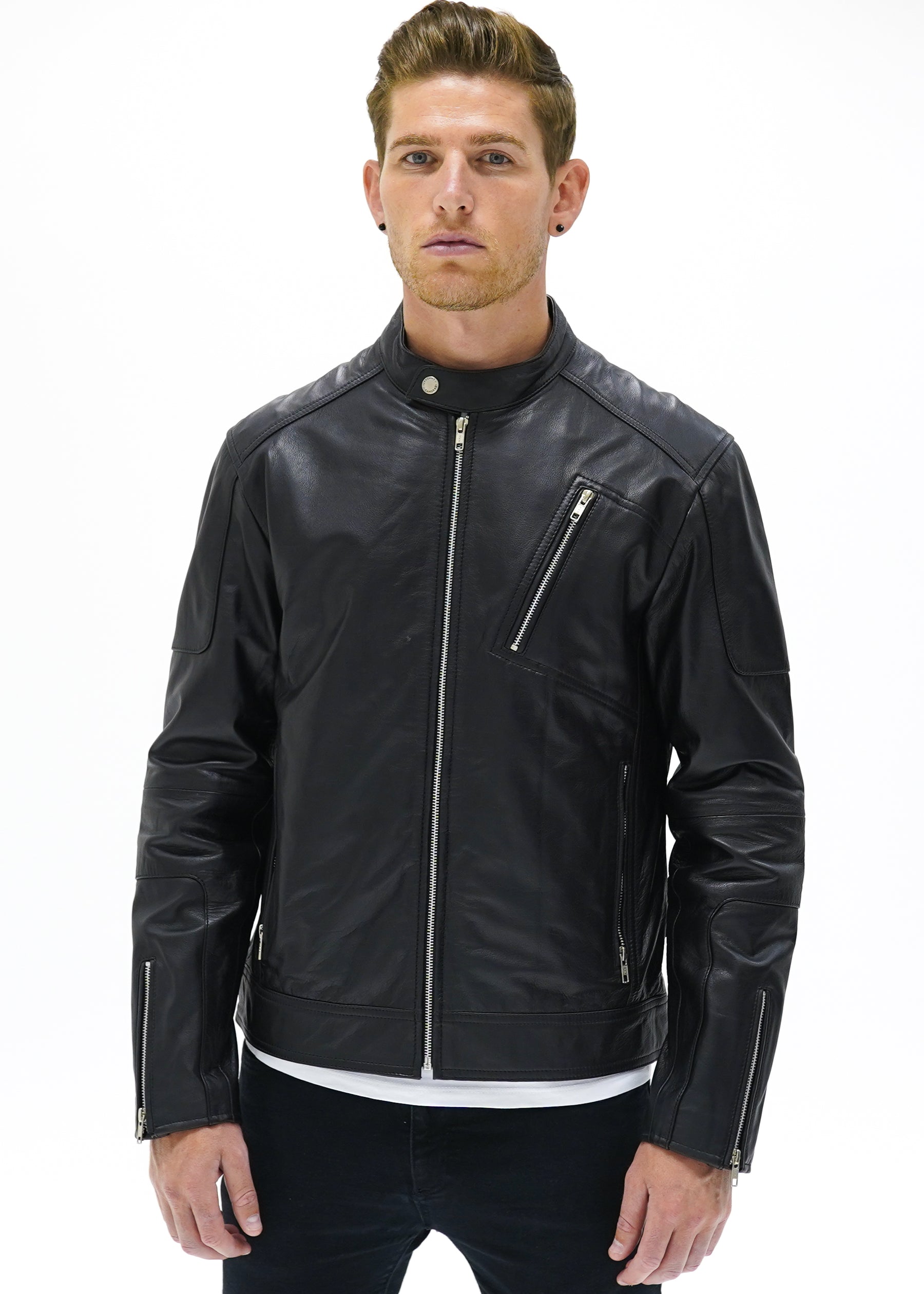 Men's Valiant Black Leather Racer Jacket | CAMOKAZI
